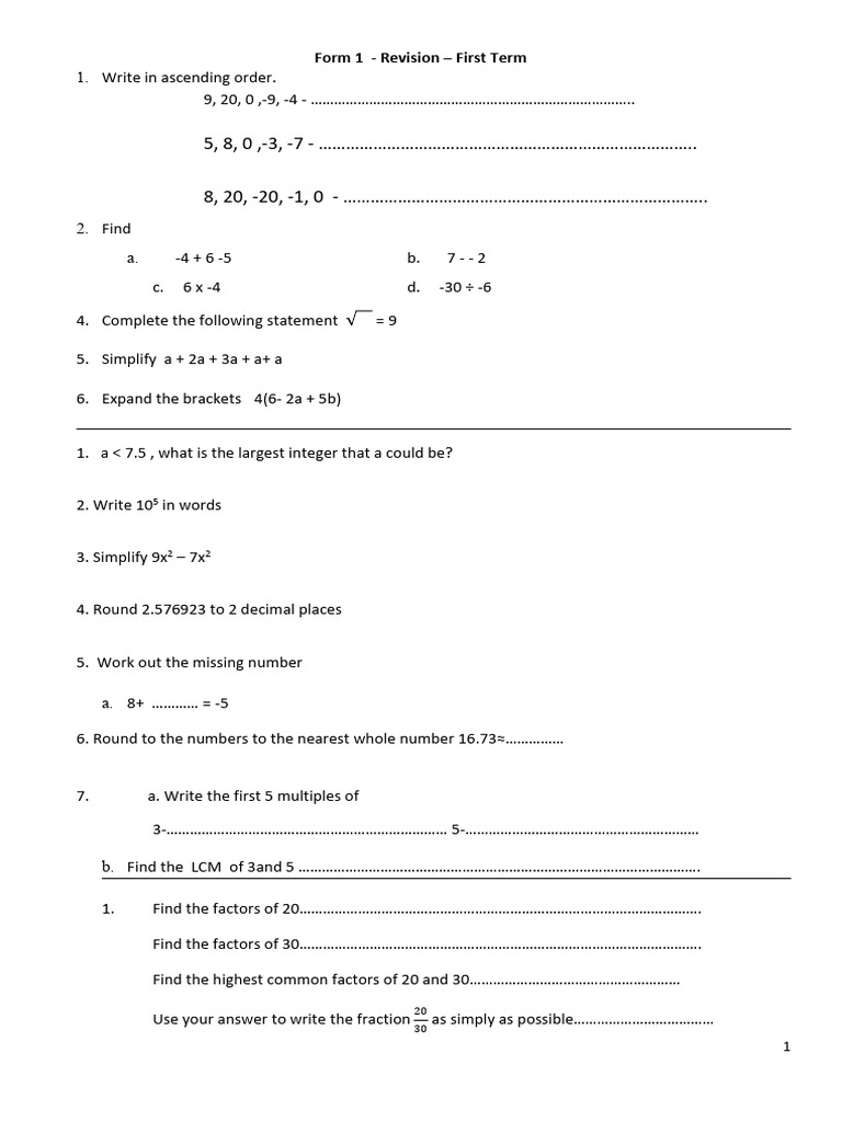 Math Revision for Form 1 Students | PDF | Teaching Methods & Materials ...
