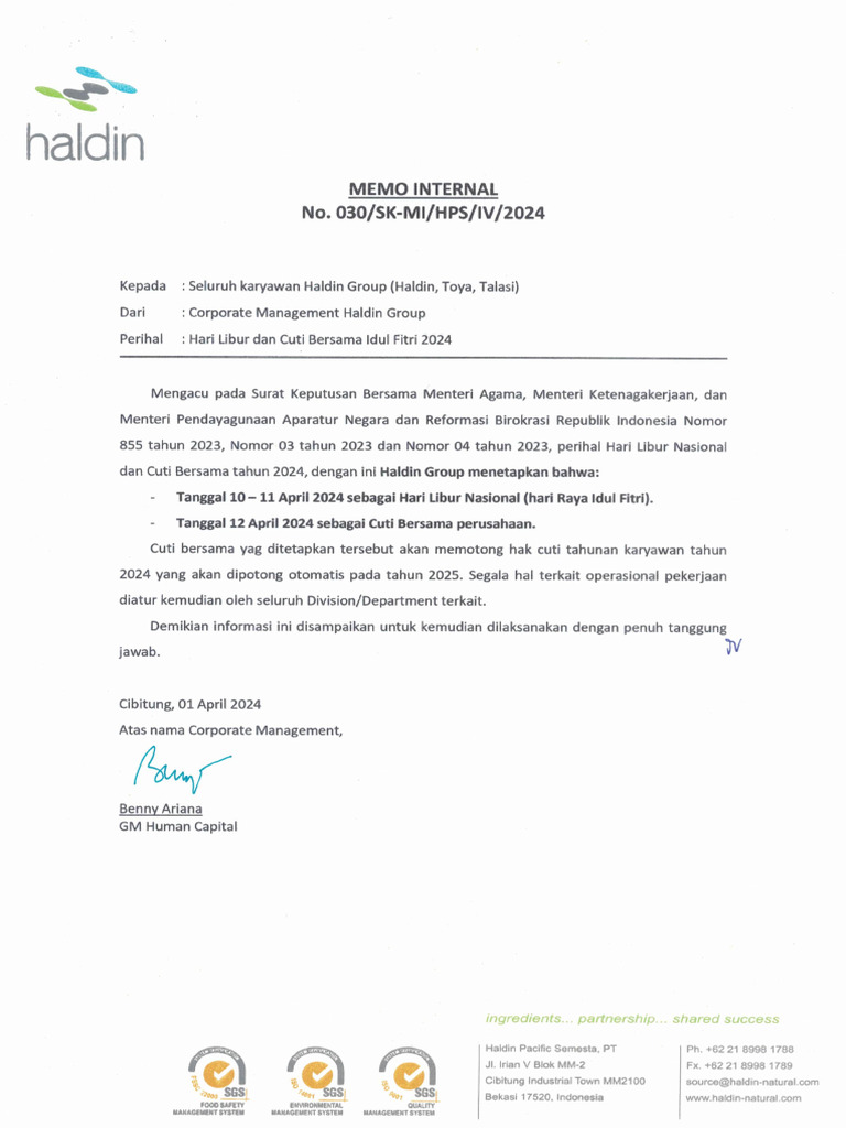 Memo Internal 2024 - Hari Libur & Cuti Bersama Lebaran 2024 | PDF