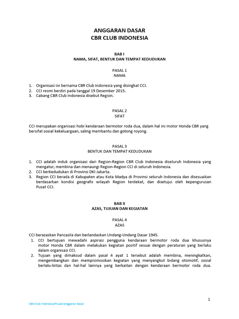 Angaran Dasar Nasional CCI 2021 | PDF