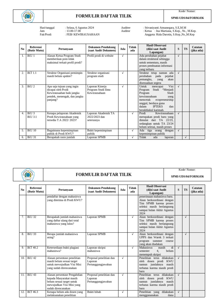 Formulir Daftar Tilik | PDF