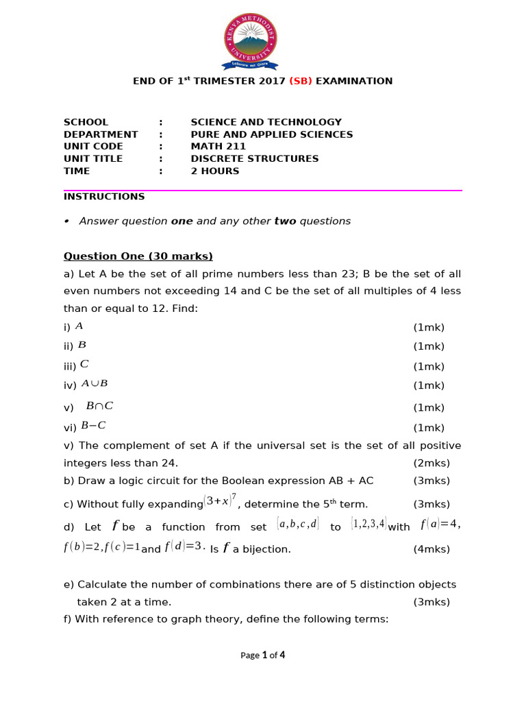 Discrete Structures (Math 211) 1ST Trimester 2017 | PDF | Function (Mathematics) | Mathematics
