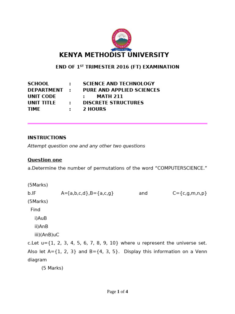 Discrete Structures Exam 2016 | PDF | Algebra | Mathematical Concepts