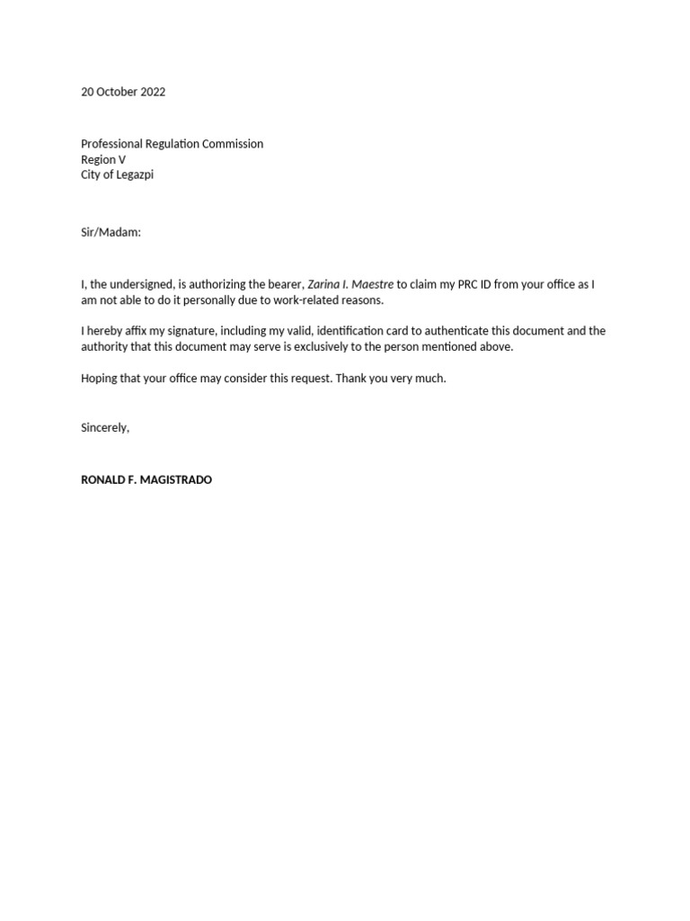 Authorization Letter PRC | PDF