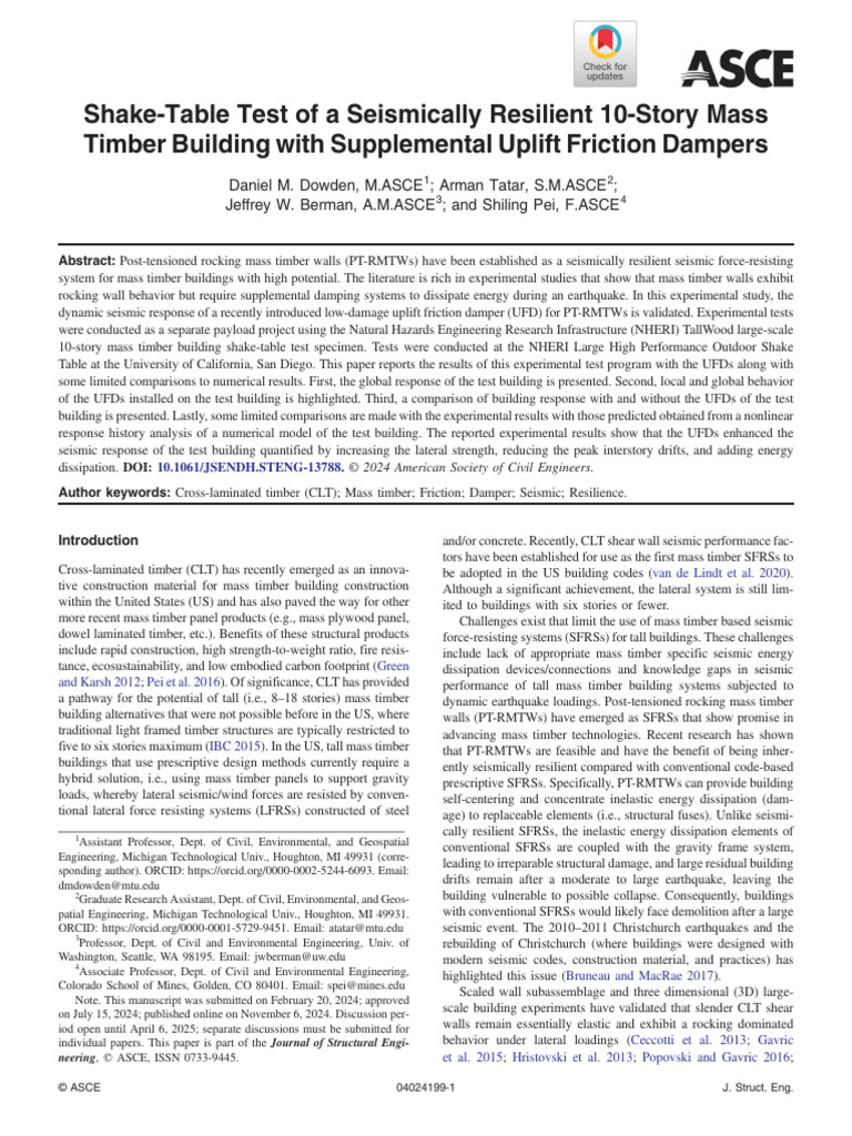 Dowden Et Al 2024 Shake Table Test of A Seismically Resilient 10 Story ...