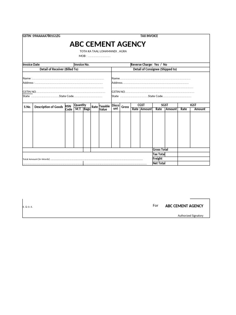 Bill Format Cement | PDF | Finance & Money Management