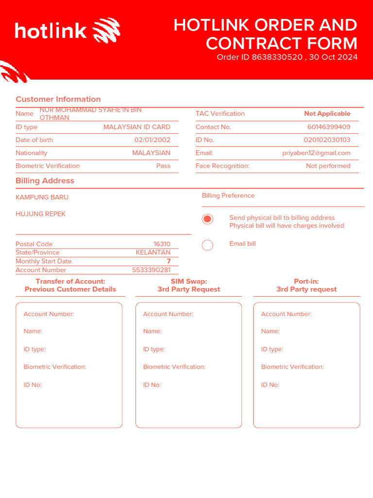 Hotlink Order and Contract Form: Customer Information | PDF | Roaming ...