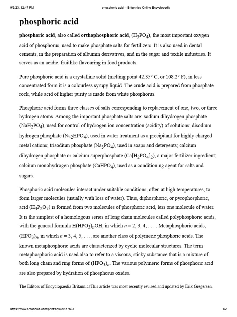 Phosphoric Acid - Britannica Online Encyclopedia | PDF | Phosphoric Acid | Phosphate