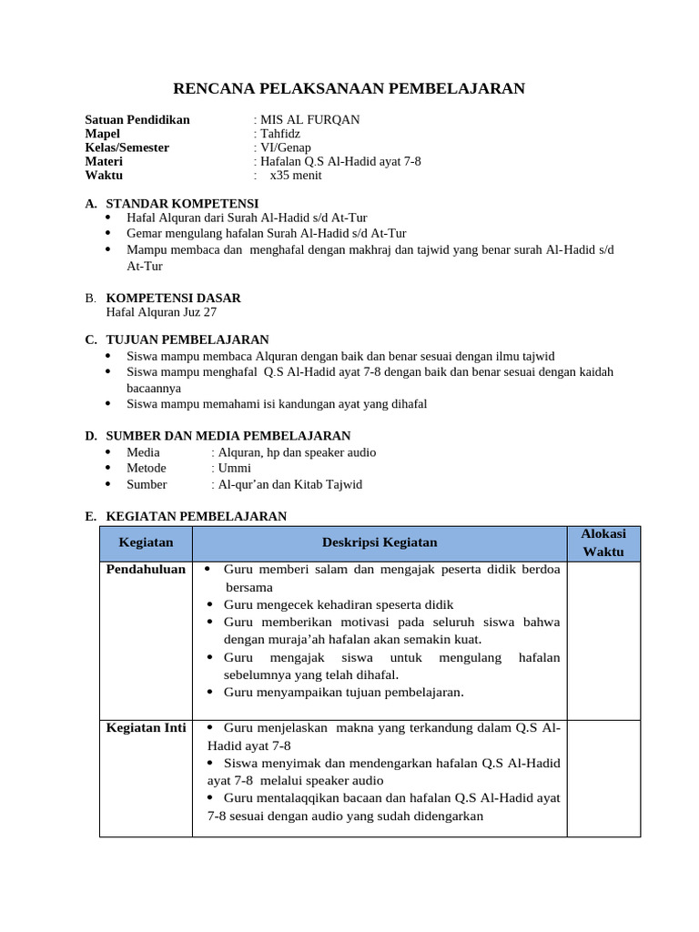 RPP Tahfidz Kelas 6 2022 | PDF