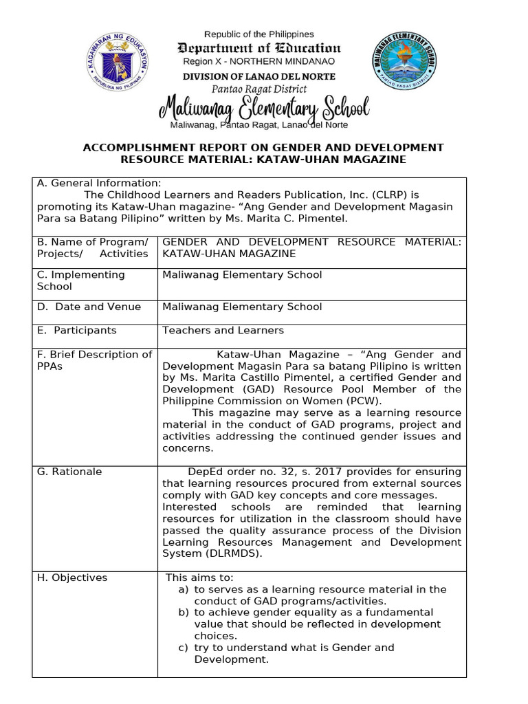 Accomplishment Report On Gad Magasin | PDF | Behavior Modification | Learning