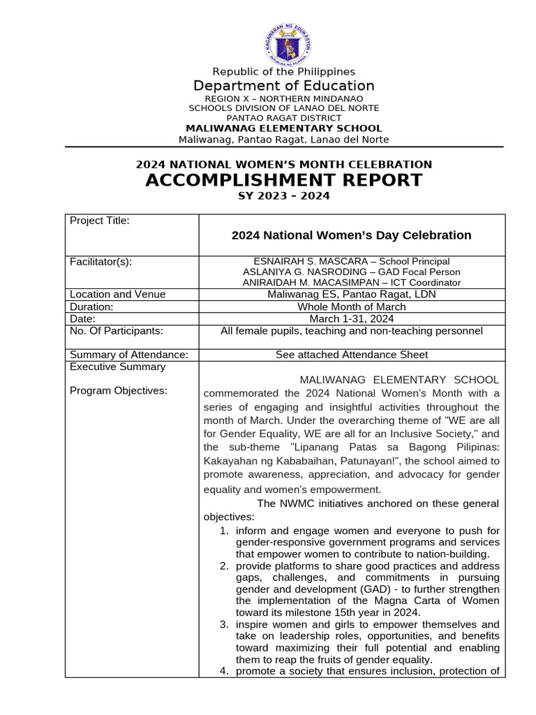 ACCOMPLISHMENT REPORT 2024 NWMC School Memorandum Sample | PDF ...