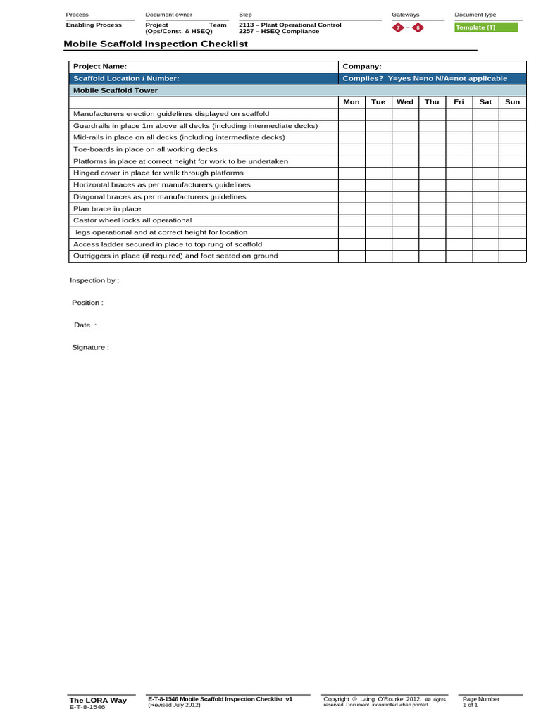 E T 8 1546 Mobile Scaffold Inspection Checklist | PDF | Home & Garden ...