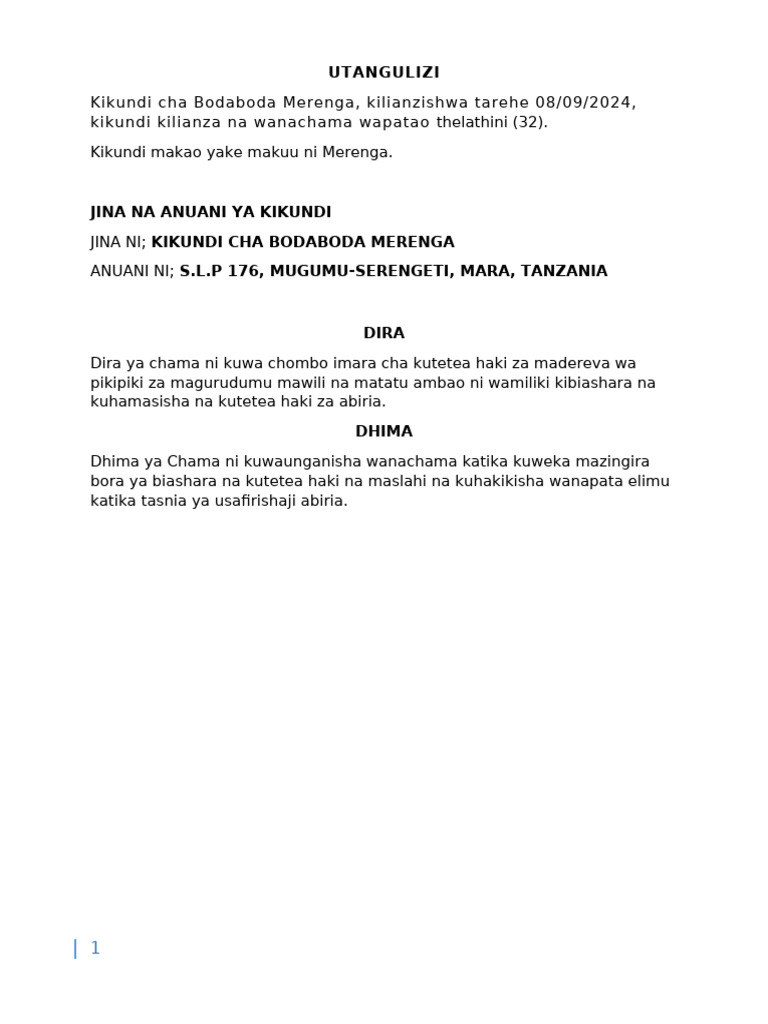 Katiba Ya Kikundi Cha Bodaboda | PDF