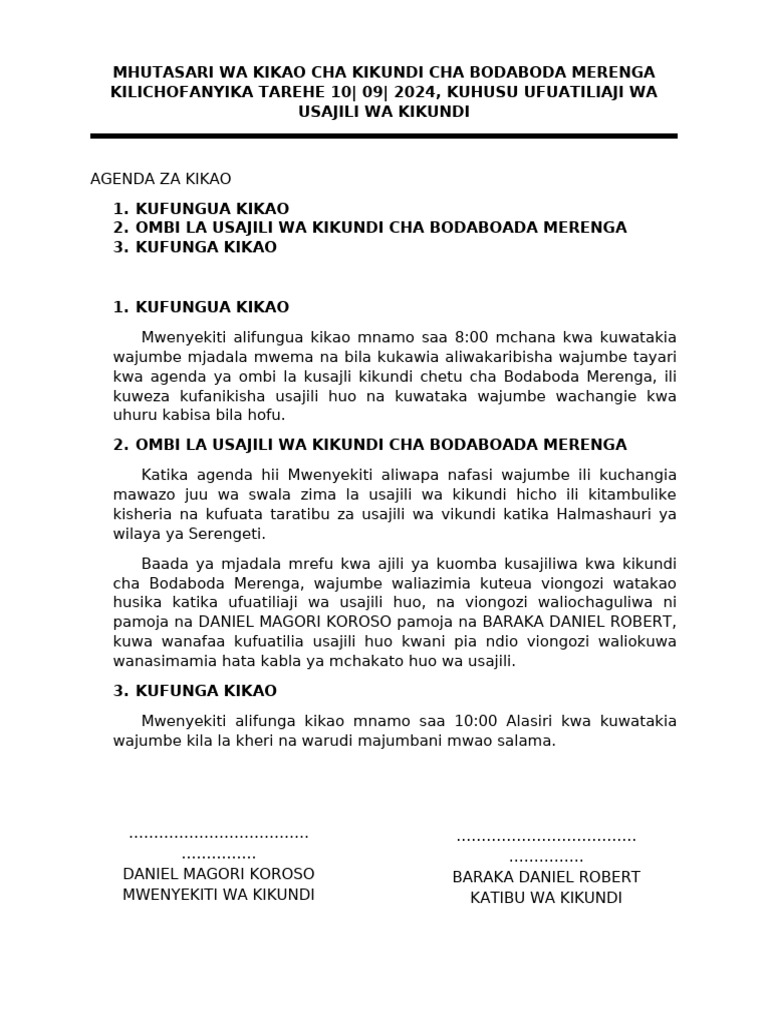 Mhutasari Wa Kikao Cha Kikundi Cha Bodaboda Merenga Kilichofanyika ...