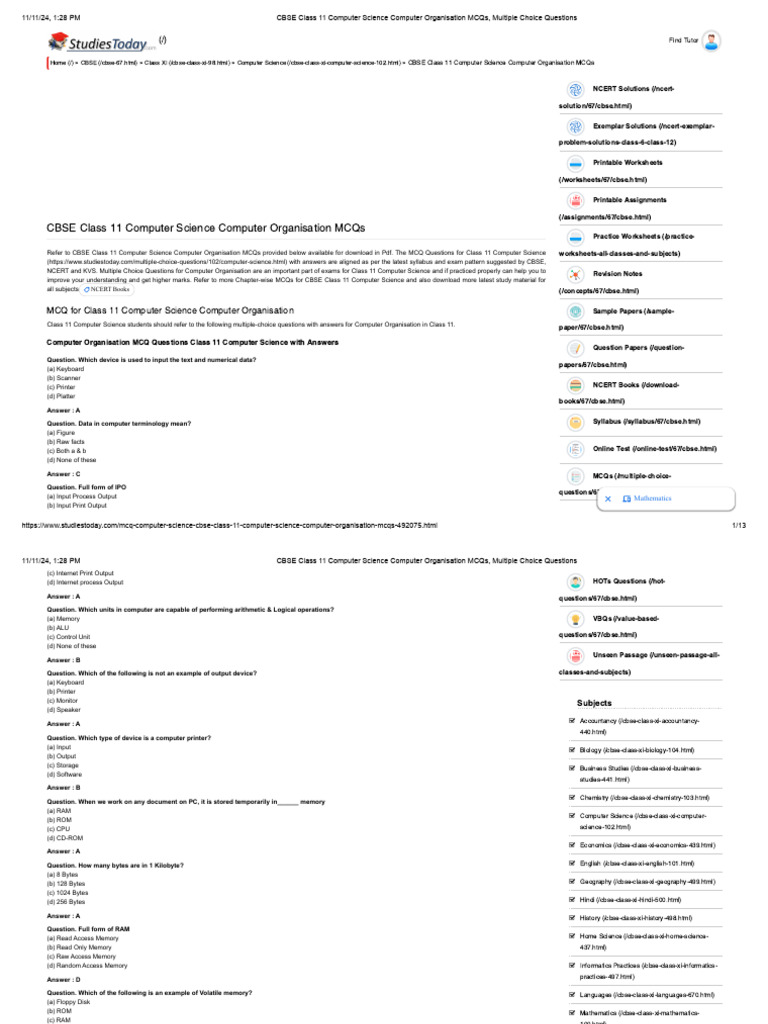 Class 11 Computer Science MCQs | PDF | Computer Data Storage | Multiple ...