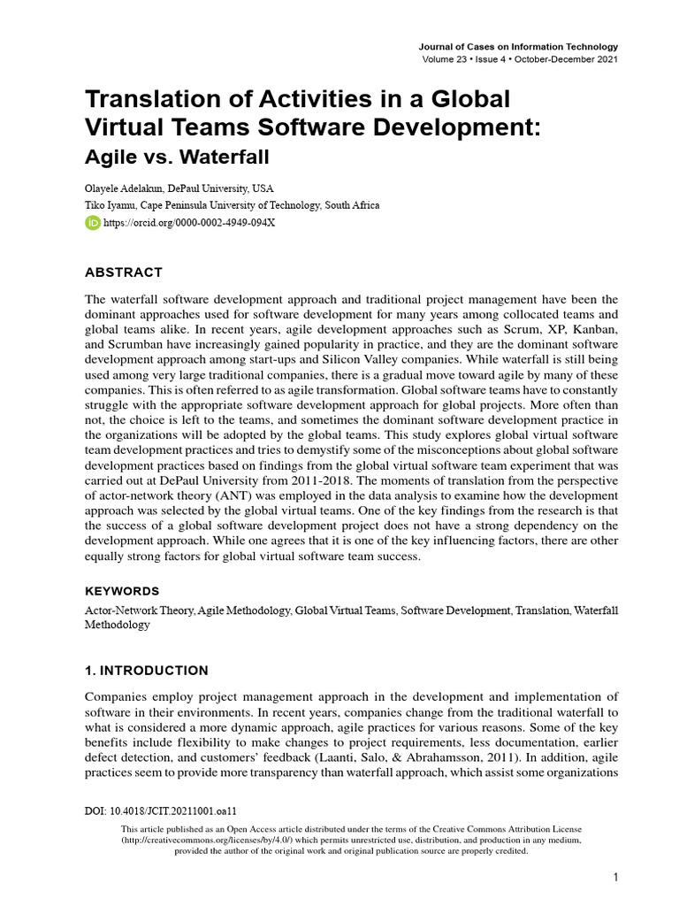 Translation of Activities in a Global Virtual Teams Software Development Agile vs. Waterfall ...