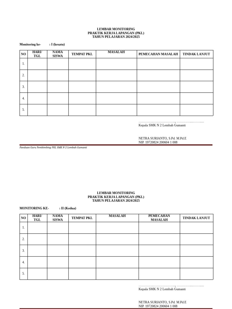 Lembar Monitoring PKL SMK 2024/2025 | PDF | Teknologi & Rekayasa