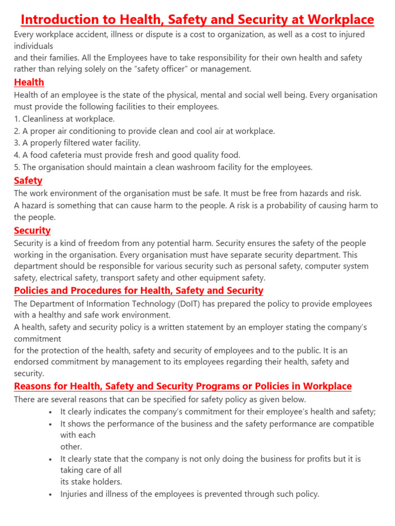 Introduction To Health, Safety and Security at Workplace | PDF ...