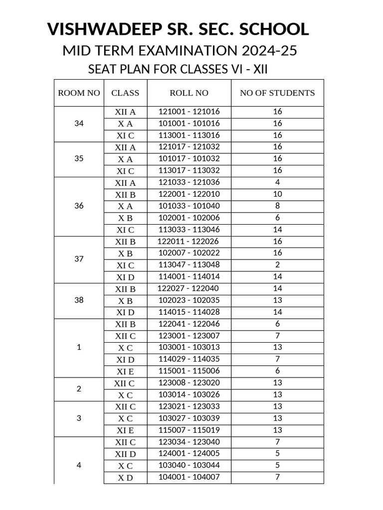 Mid Term Seat Plan 6 - 12 | PDF