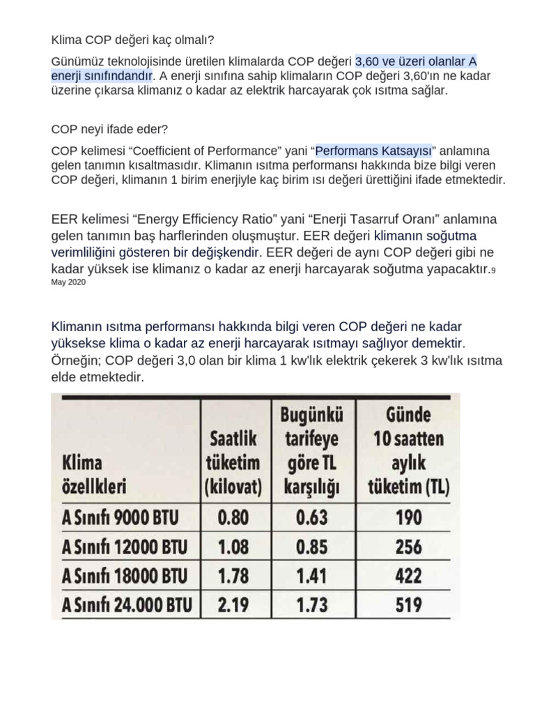 Klima COP Değeri Kaç Olmalı | PDF