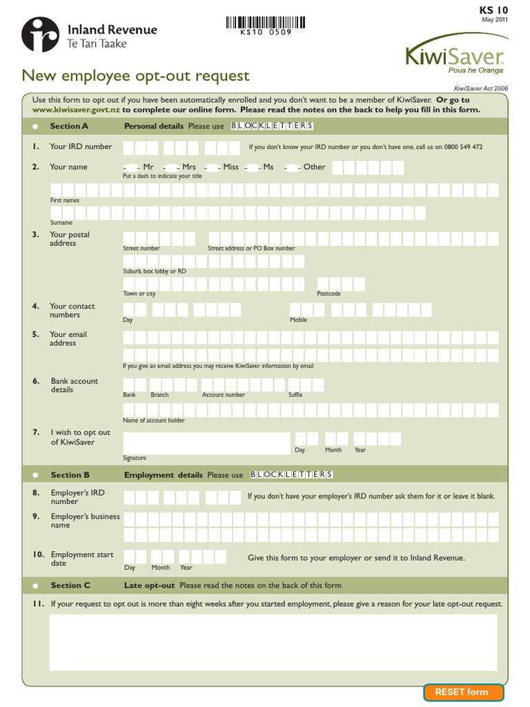 KiwiSaver Opt-Out Form for New Employees | PDF | Employment | Taxation