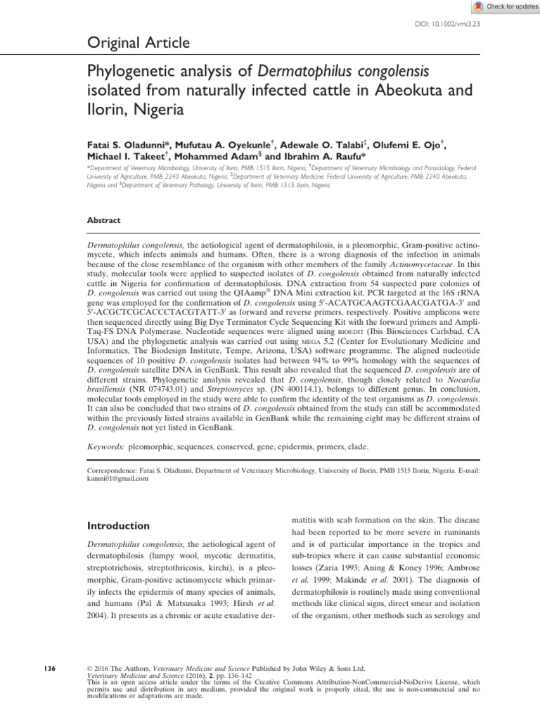 Veterinary Medicine Sci - 2016 - Oladunni - Phylogenetic Analysis of ...