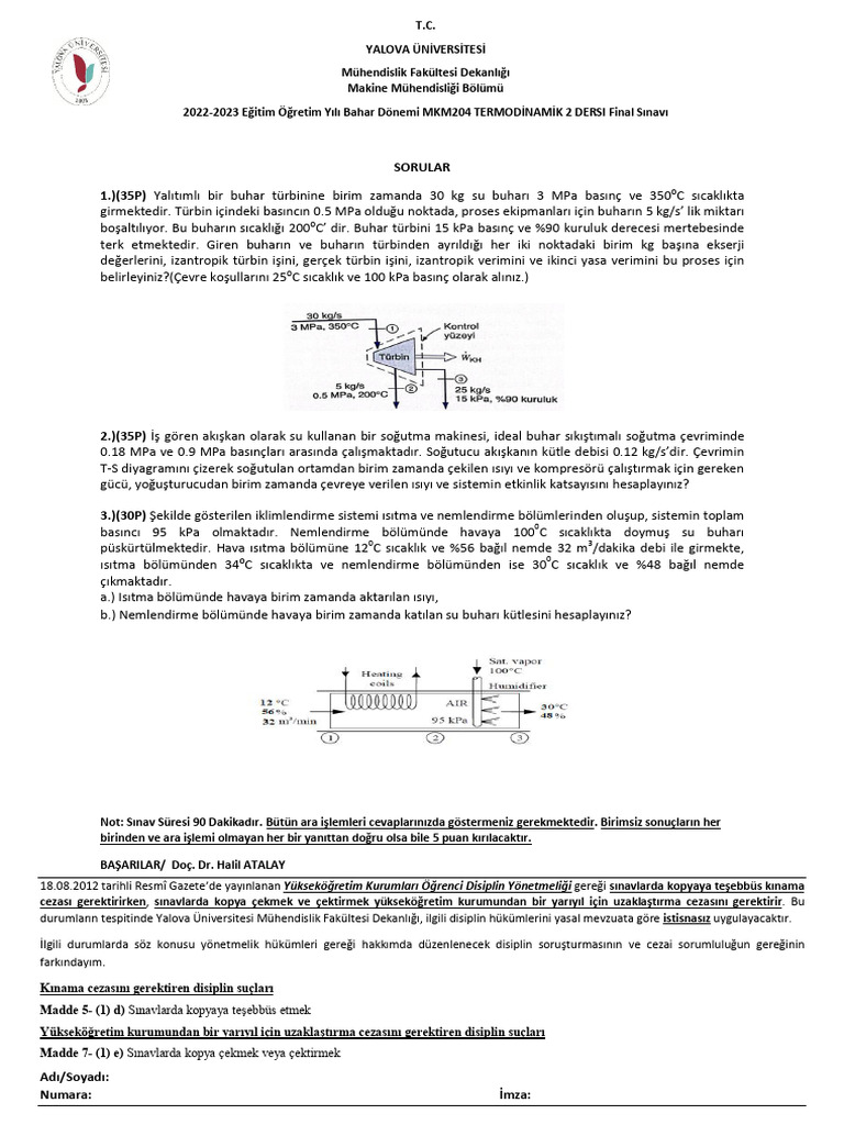termodinamik-2-dersi-final-sinav-sorulari-2022-2023 | PDF