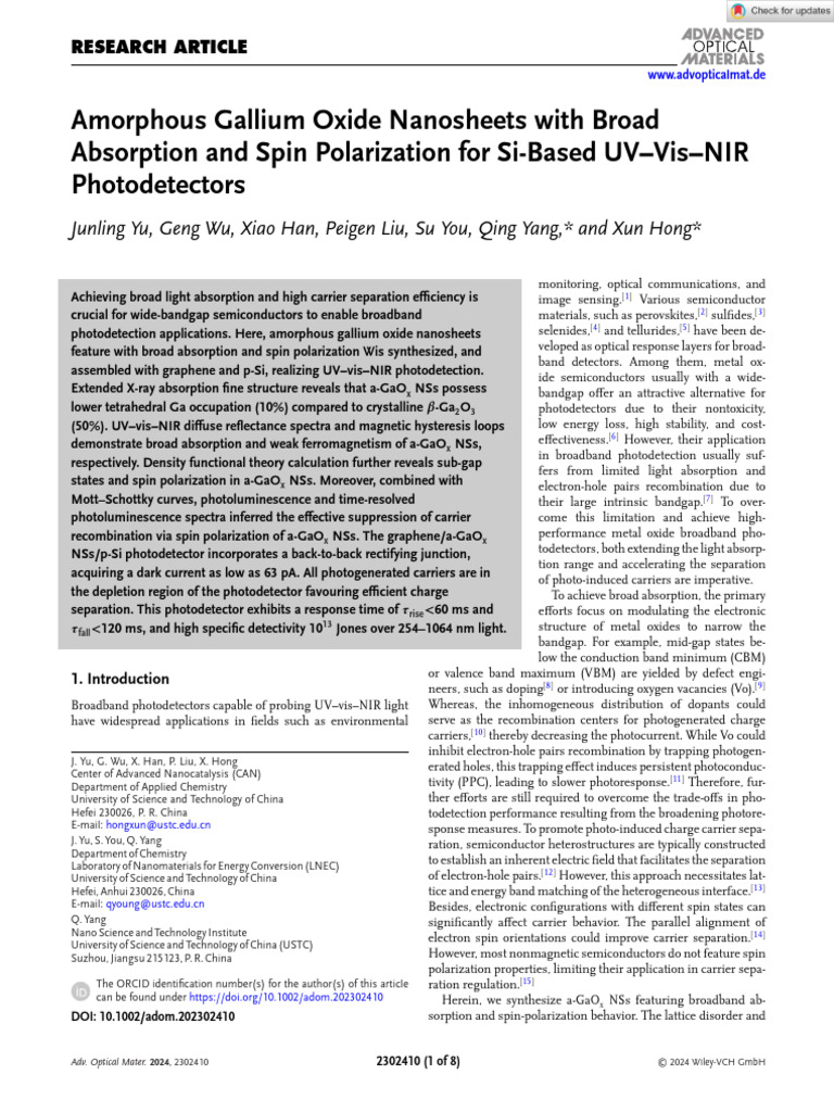 Advanced Optical Materials - 2024 - Yu - Amorphous Gallium Oxide Nanosheets With Broad ...