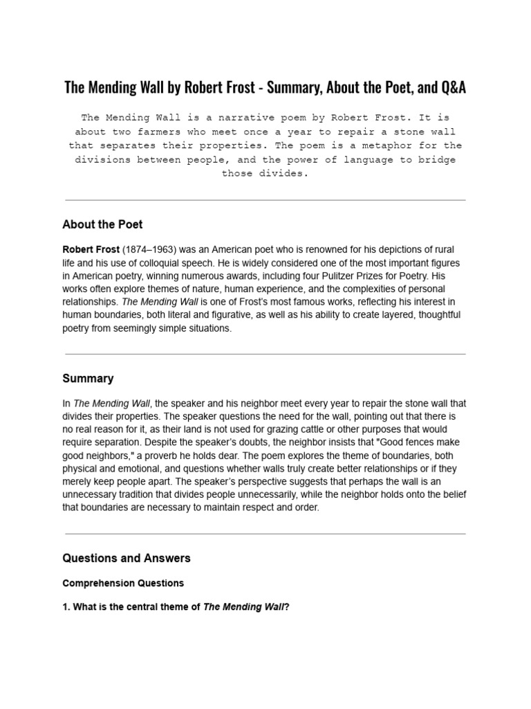 The Mending Wall by Robert Frost - Summary, About The Poet, and Q&A ...
