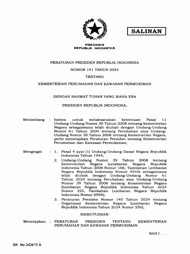 Perpres No.191 Tahun 2024 - Kementerian PKP | PDF