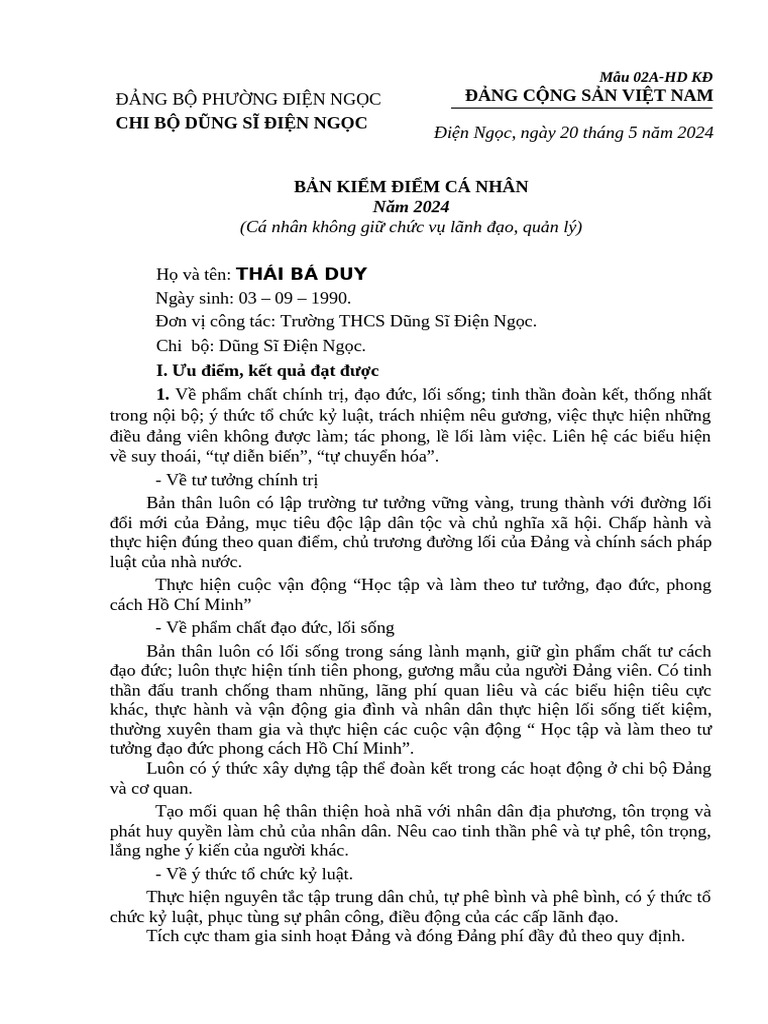 Mau 02A-HD KĐ. Dang Vien Khong Giu Chuc Vu Lanh Dao Quan Ly NH 2023-2024 | PDF