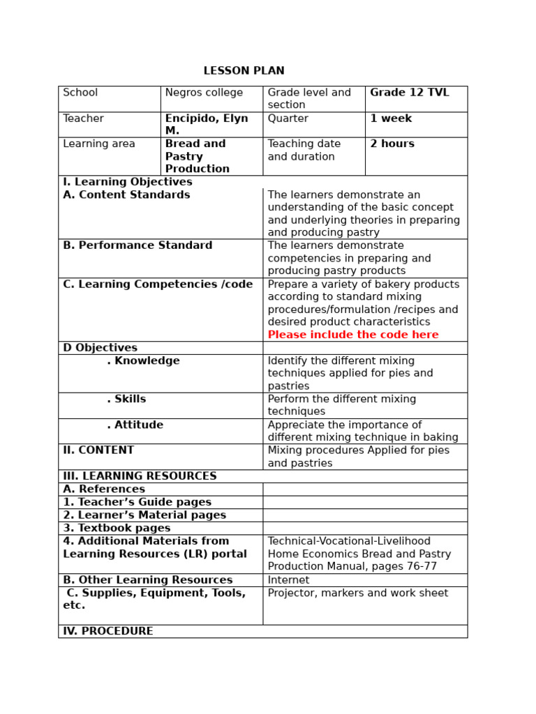 Elyn' lesson plan | PDF | Learning | Baking