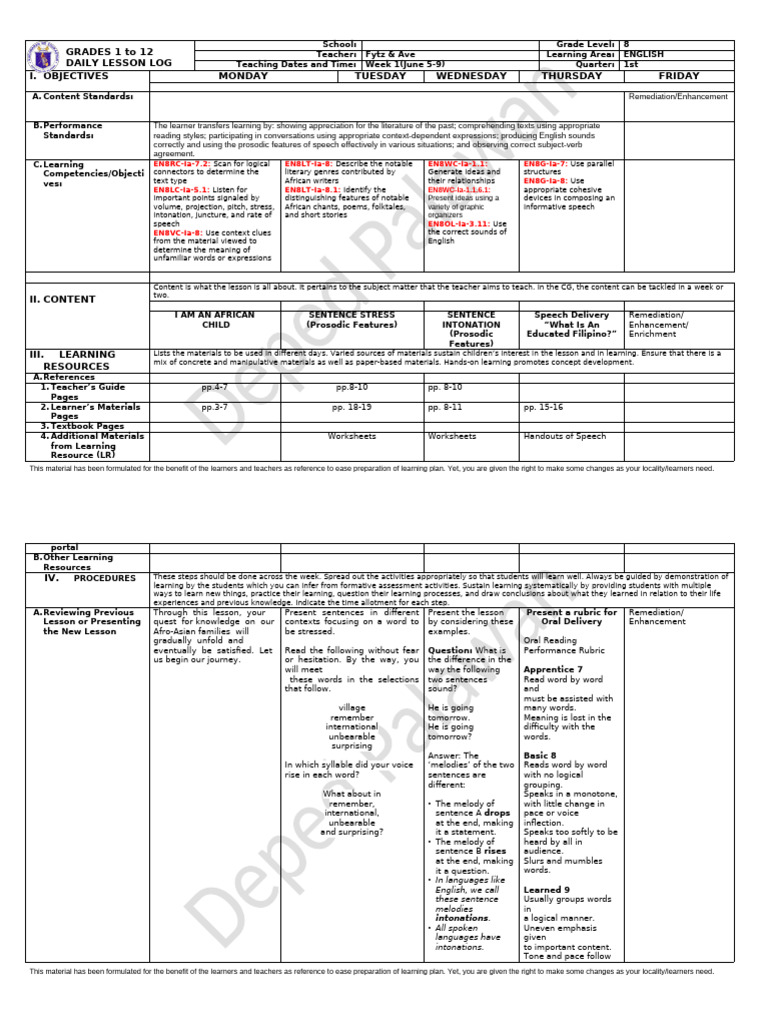 DLL ENG8 1stQ 1st Week Checked | PDF | Stress (Linguistics) | Phonetics