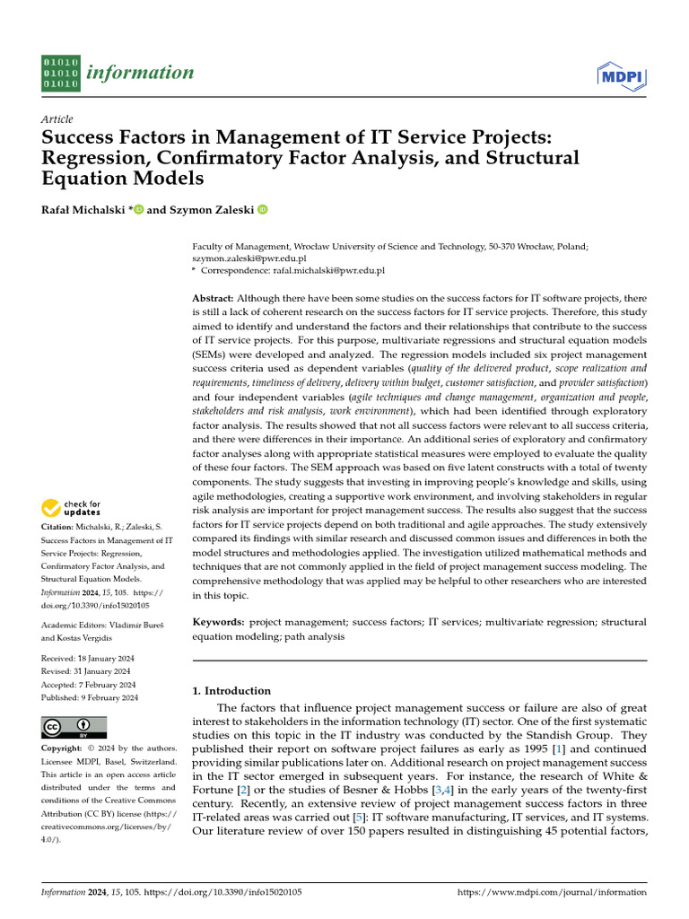 Success Factors in Management of IT Service Projects - Regression, Confirmatory Factor Analysis ...