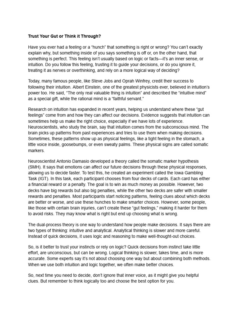 Trust Your Gut or Think It Through Article (Intuition Vs Rational ...