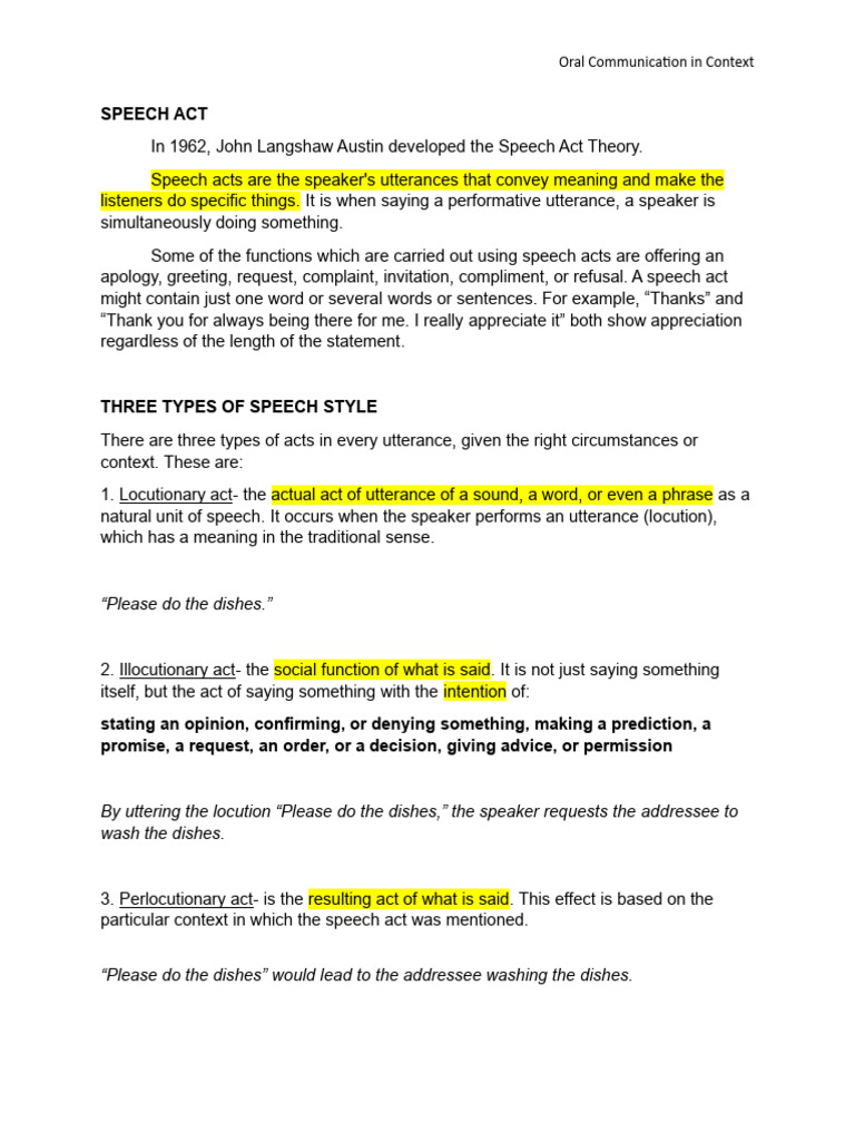 Speech Act & Type of Illocutionary Act | PDF | Human Communication | Semiotics