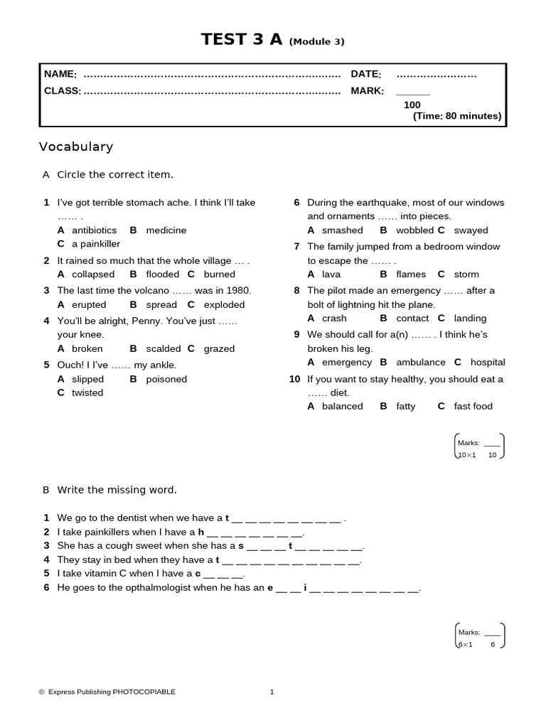 Upstream Elem A2 Test 3A | PDF | Common Cold | Medical Specialties