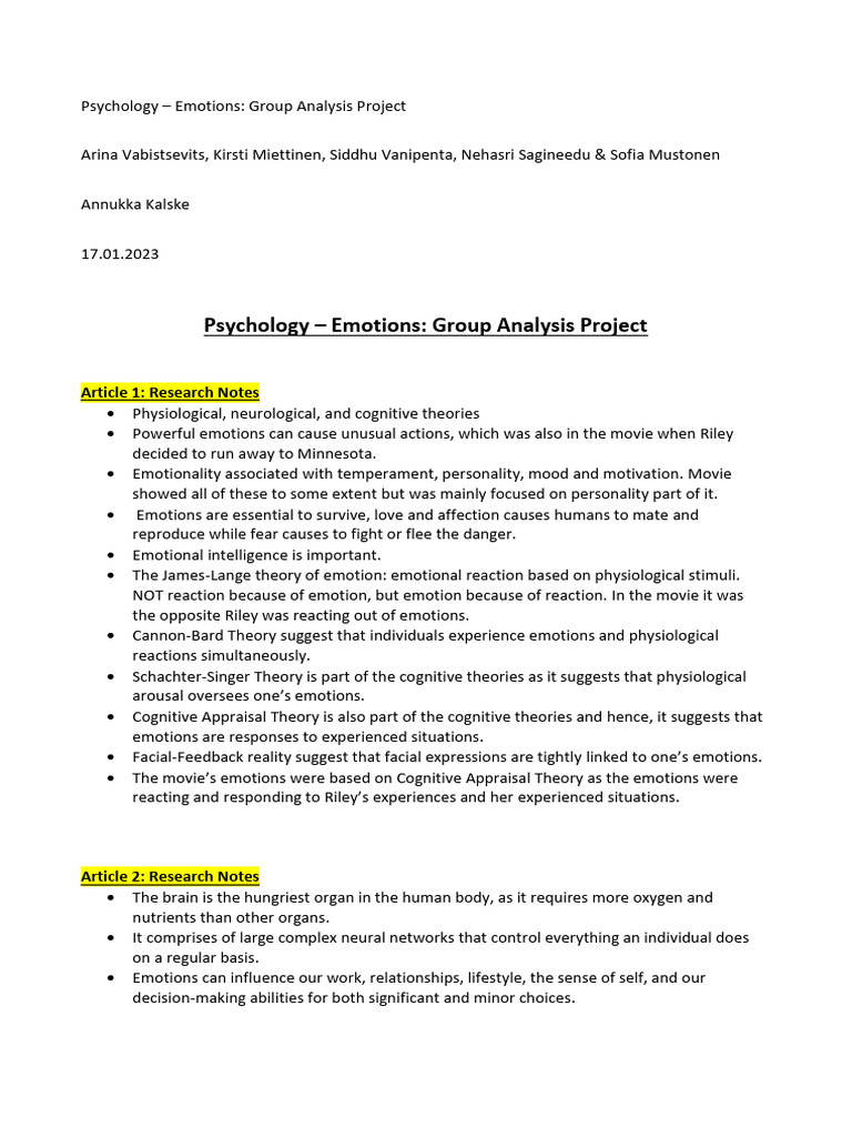 Psychology - Emotions Group Analysis Project | PDF | Emotions | Feeling