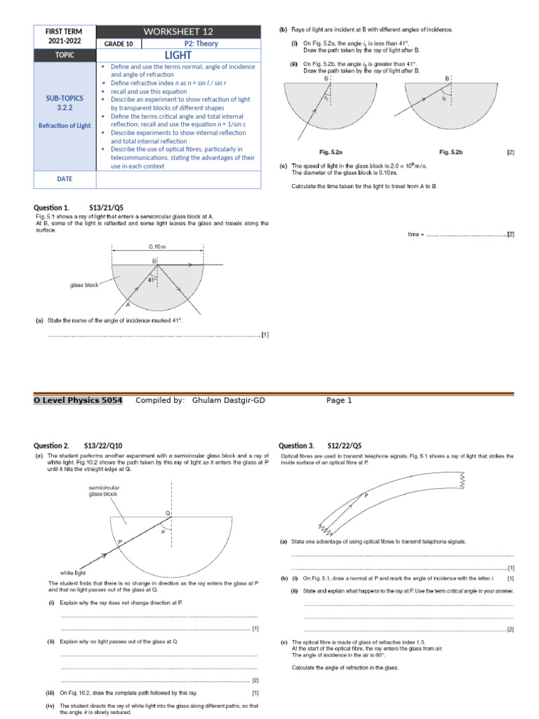 Worksheet 12 - Refraction of Light - P2 | PDF