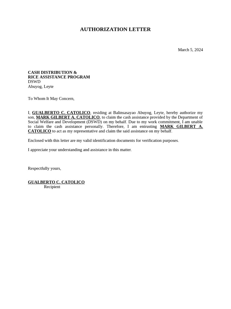 Authorization Letter DSWD | PDF | Law