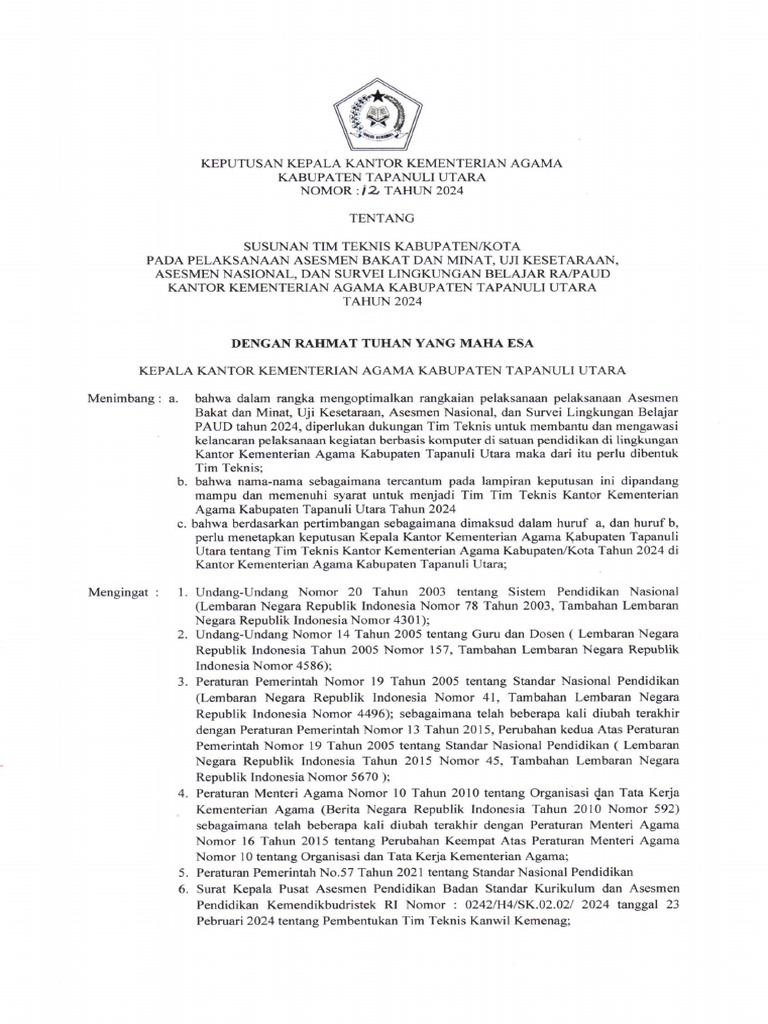 SK Tim Teknis ANBK Kemenag Taput | PDF