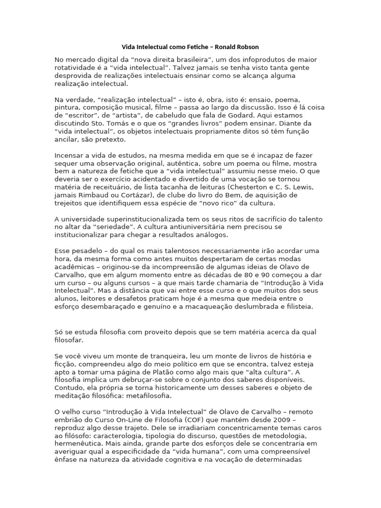 Vida Intelectual Como Fetiche - Ronald Robson | PDF | Intelectual | Vida