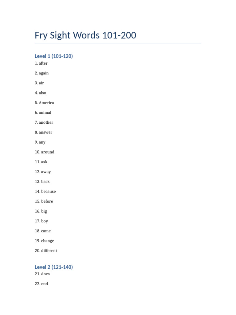 Fry Sight Words 101-200 | PDF