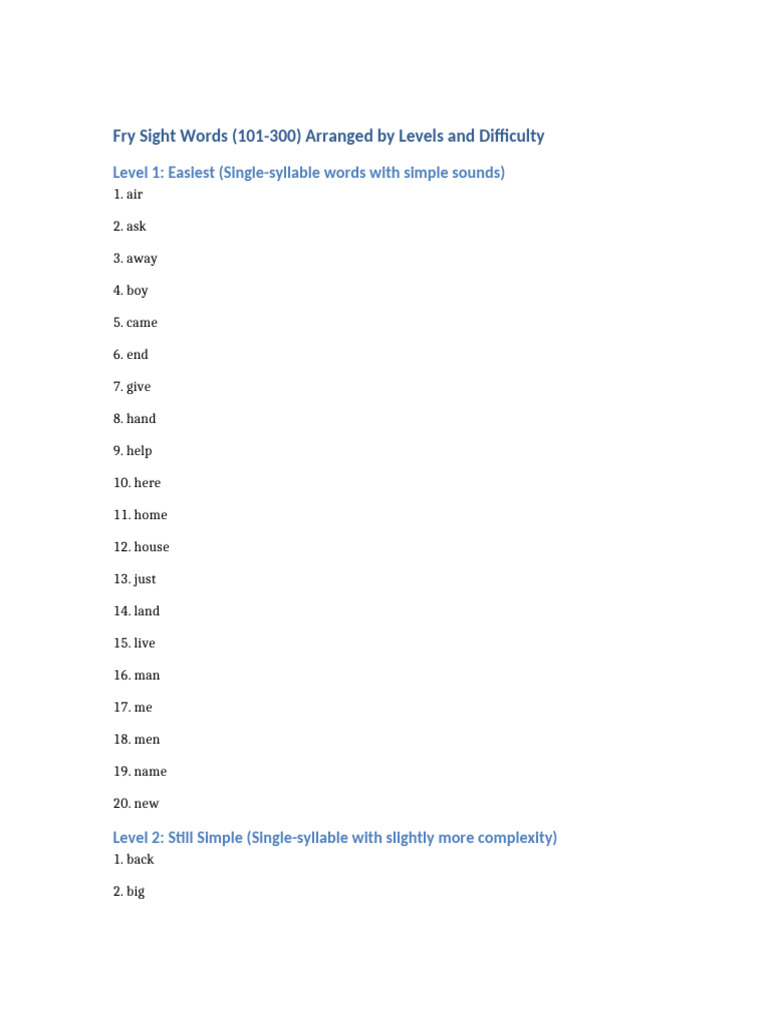 Fry Sight Words 101-300 Arranged by Difficulty | PDF | Foreign Language ...