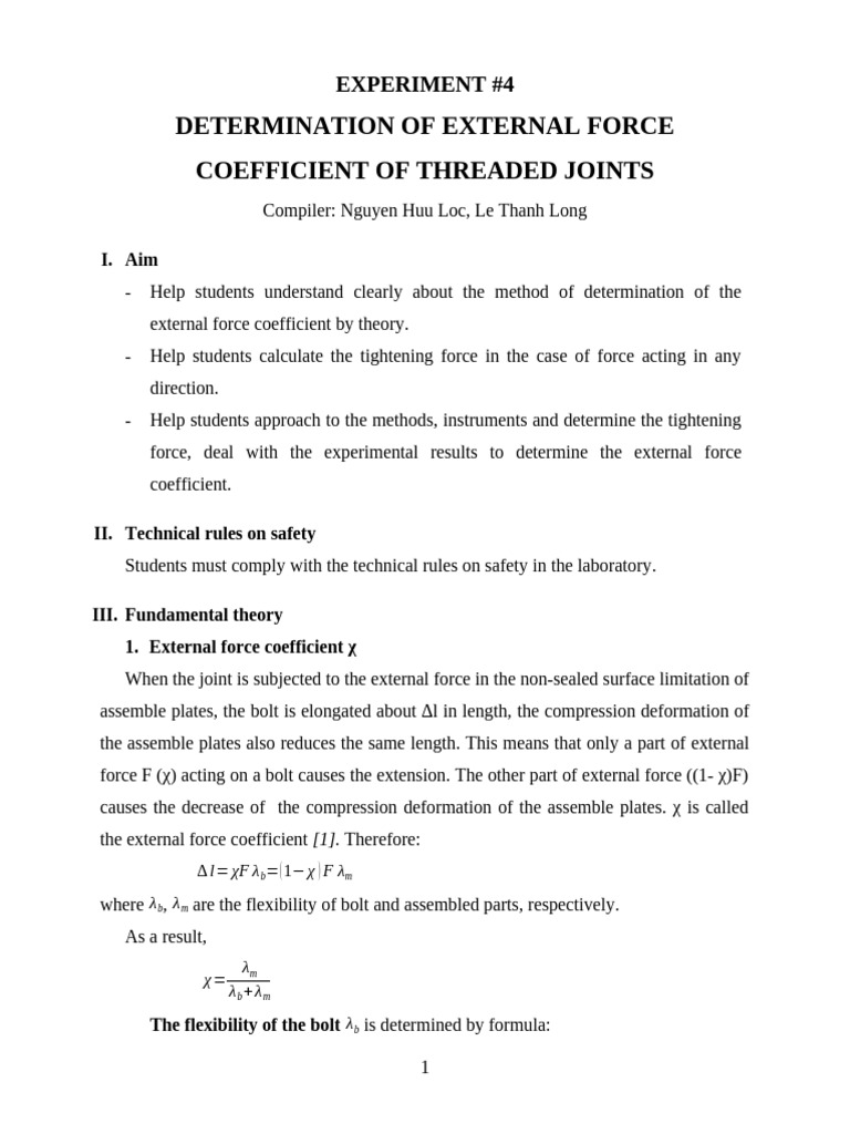 Exp. 4. Determination of External Force Coefficient of Threaded Joints ...