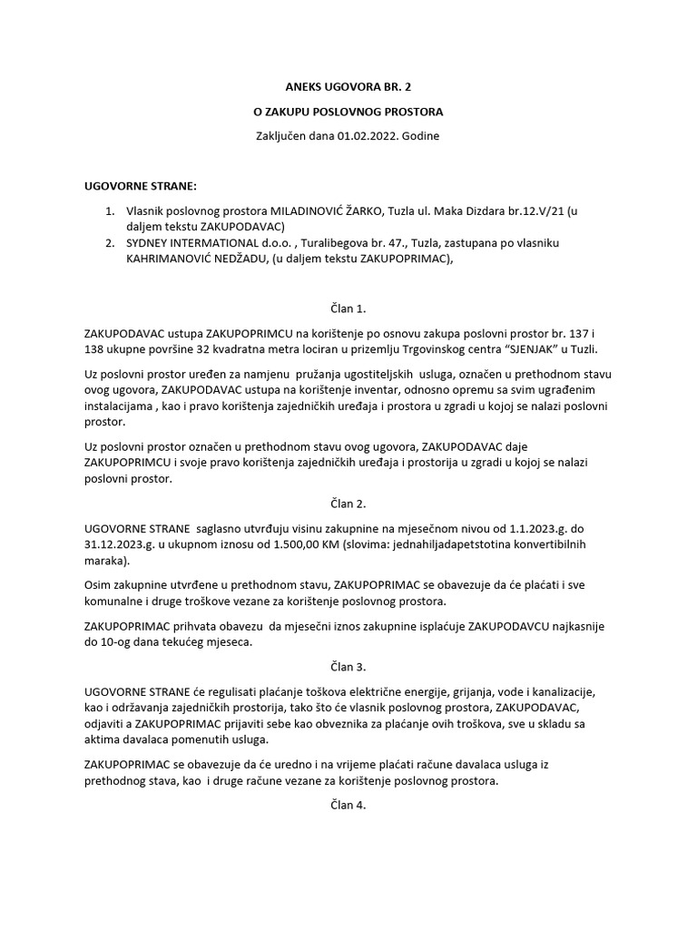 Aneks Ugovora Br. 2 O Zakupu Poslovnog Prostora | PDF