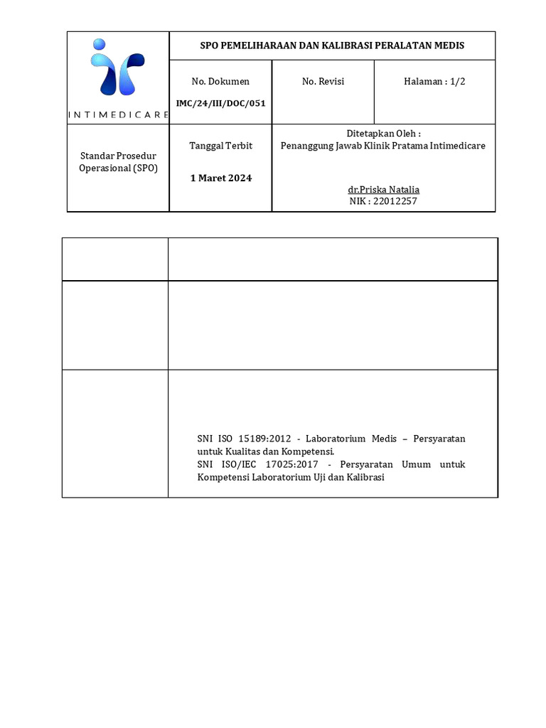Spo Pemeliharaan Dan Kalibrasi Peralatan Medis | PDF