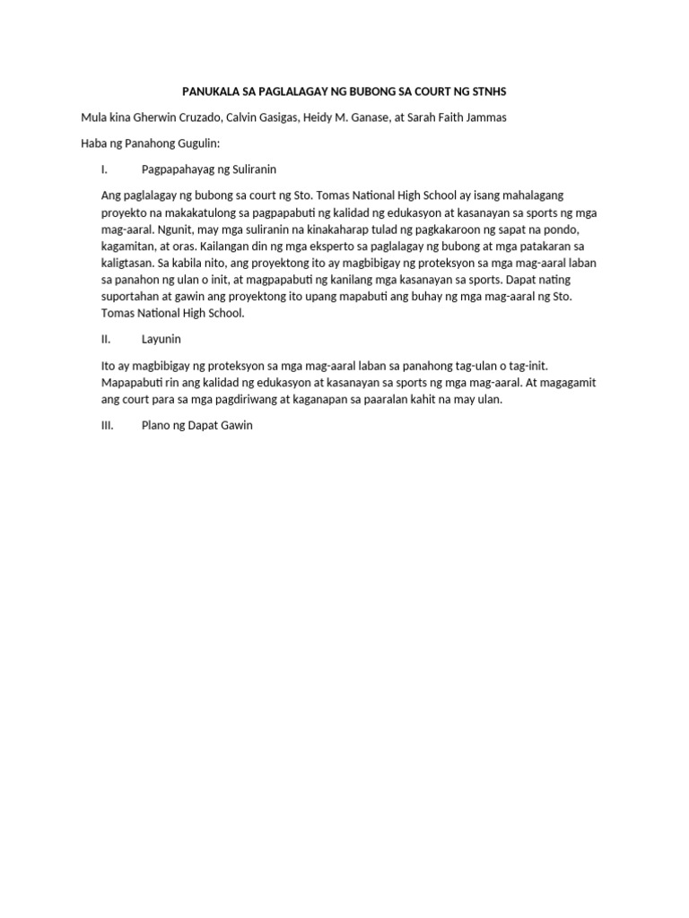Panukala Sa Paglalagay NG Bubong Sa Court NG STNHS | PDF