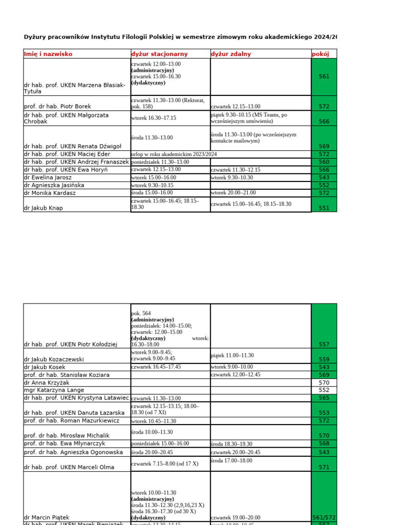 Dyzury Zima 24 - 25 | PDF