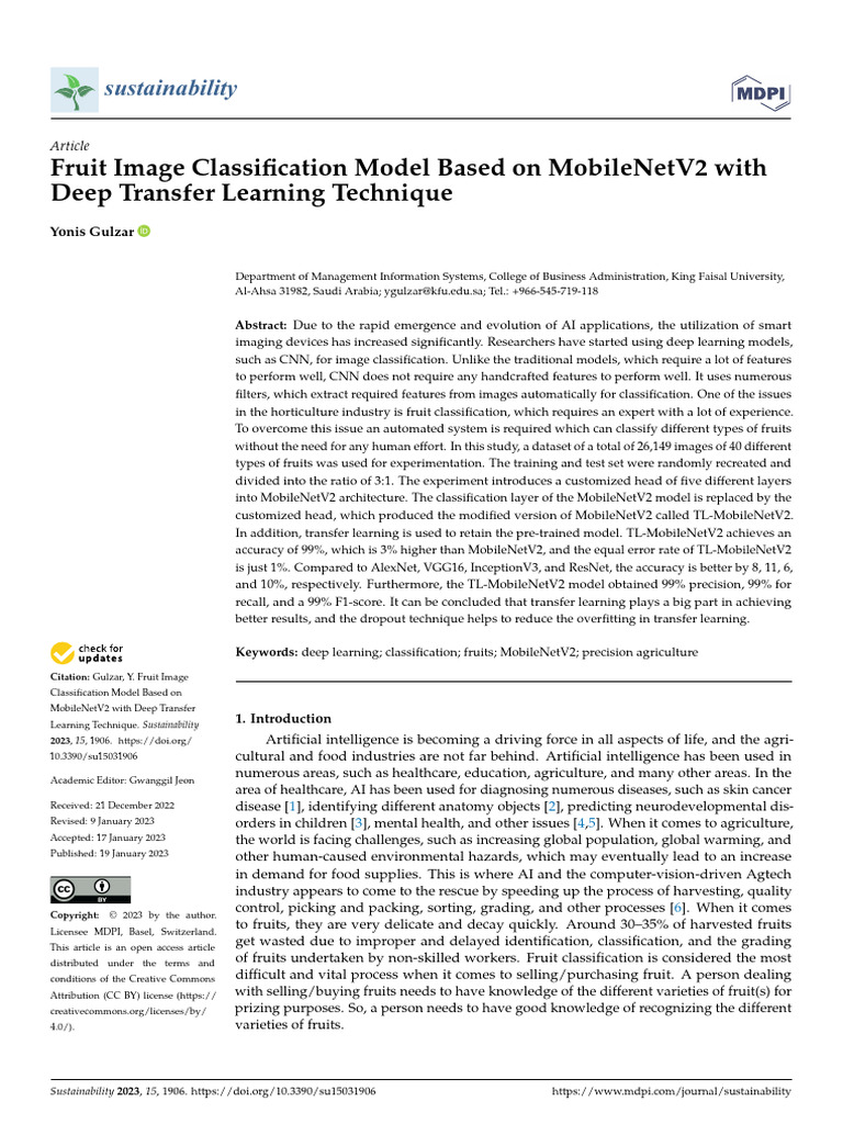 Fruit Image Classification Model Based On MobileNetV2 With Deep Transfer Learning Technique ...