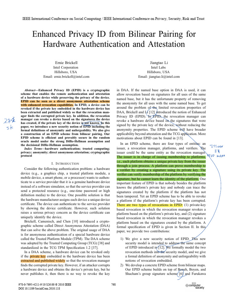 002 2010 Enhanced Privacy Id From Bilinear Pairing Hardware | PDF | Cryptography | Computer Science